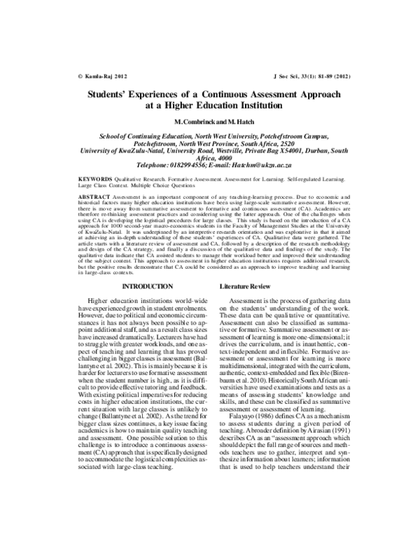 (PDF) Students’ Experiences of a Continuous Assessment Approach at a Higher Education Institution