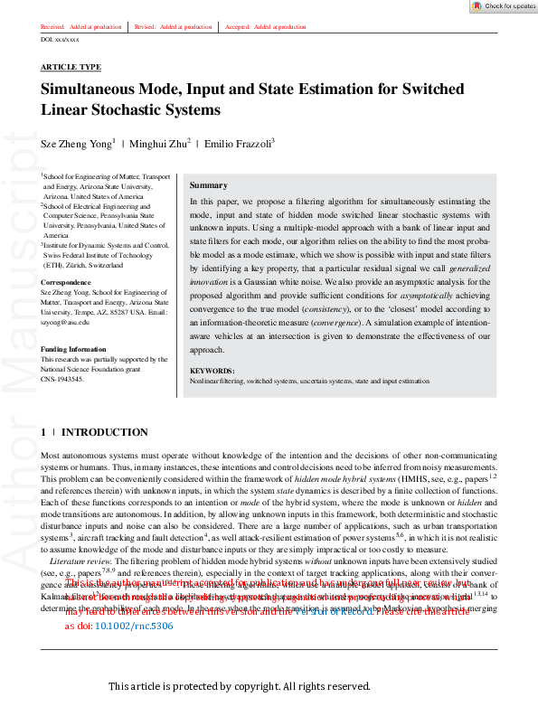(PDF) Simultaneous mode, input and state estimation for switched linear stochastic systems