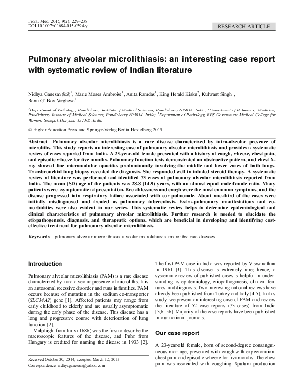 (PDF) Pulmonary alveolar microlithiasis: an interesting case report with systematic review of ...