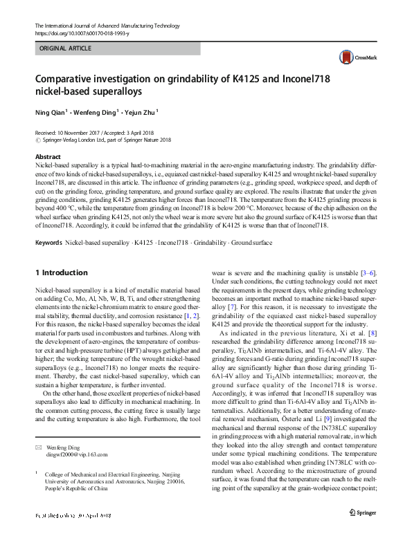 (PDF) Grindability Comparison of K4125 and Inconel718 Superalloys
