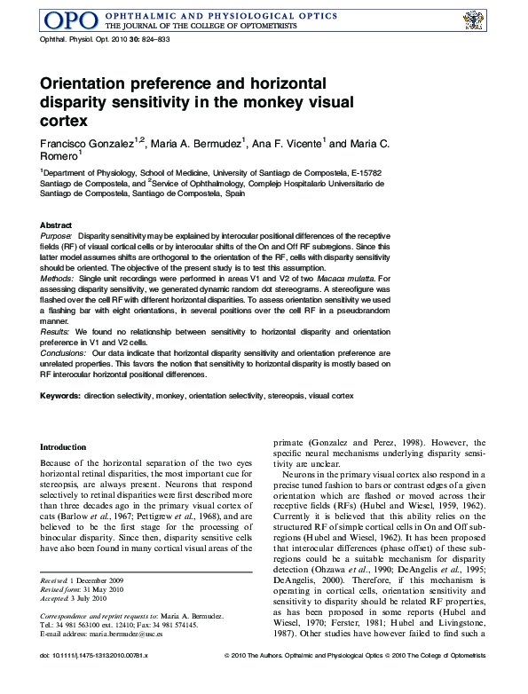 (PDF) Orientation preference and horizontal disparity sensitivity in the monkey visual cortex