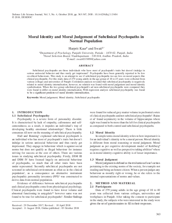 (PDF) Moral Identity and Moral Judgement of Subclinical Psychopaths in ...