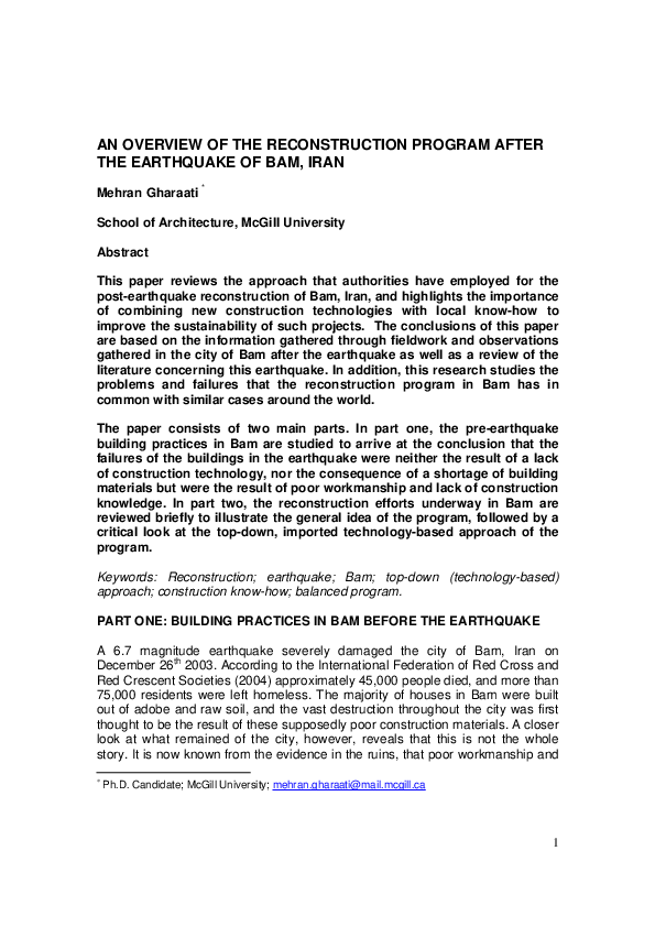 (PDF) Part One: Building Practices in Bam Before the Earthquake