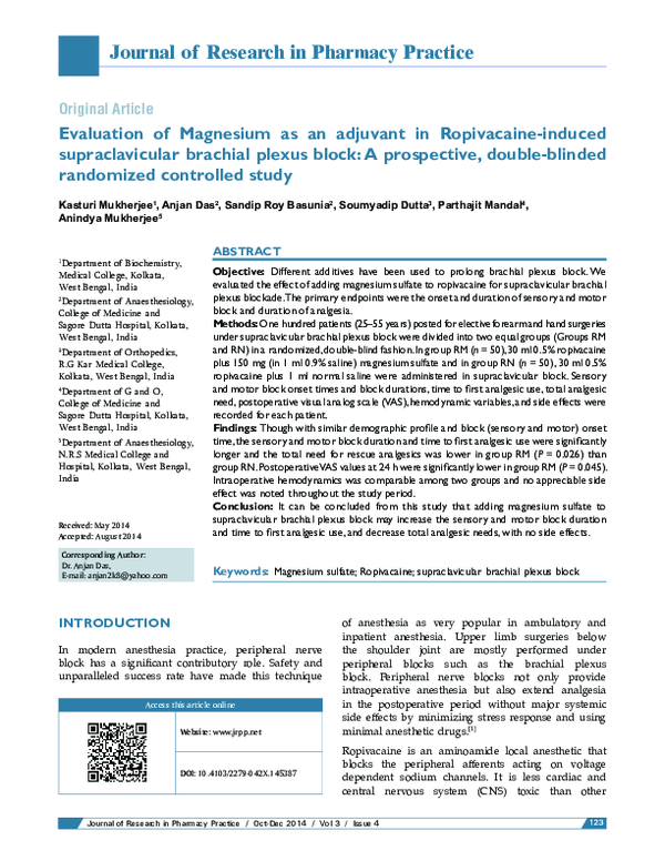 (PDF) Evaluation of Magnesium as an adjuvant in Ropivacaine-induced ...