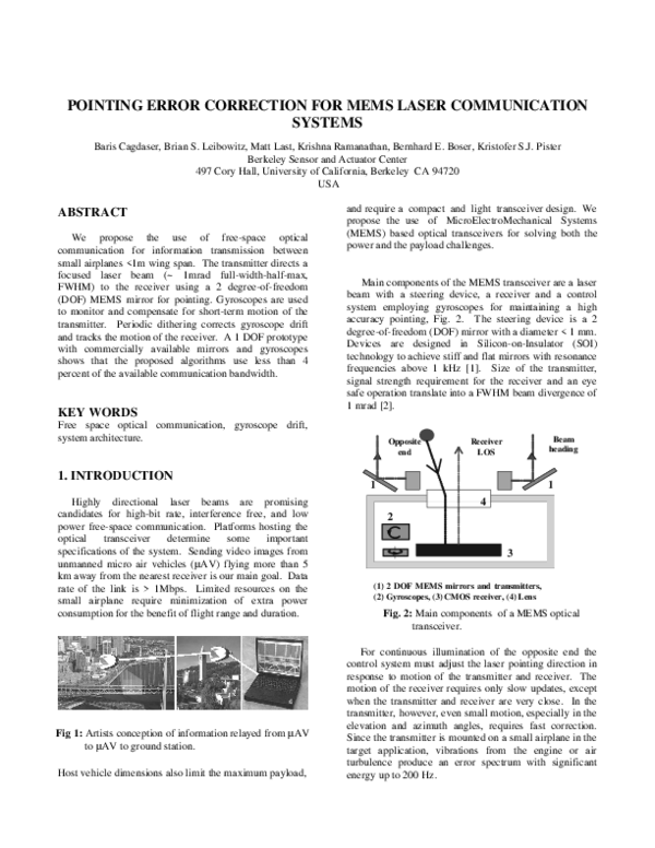 Pdf Pointing Error Correction For Mems Laser Communication Systems