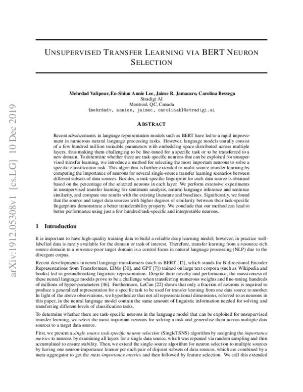 Pdf Unsupervised Transfer Learning Via Bert Neuron Selection Carolina Bessega