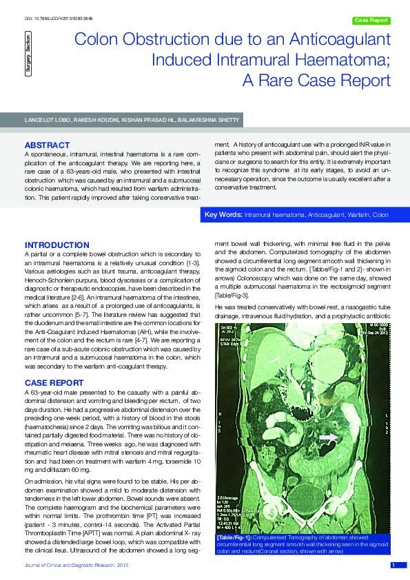 (PDF) Colon Obstruction due to an Anticoagulant Induced Intramural ...
