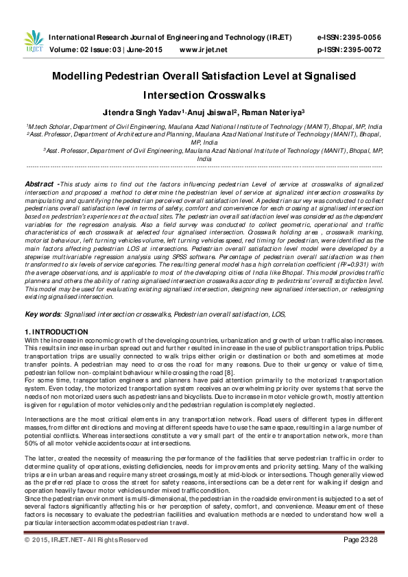 (PDF) Modelling Pedestrian Overall Satisfaction Level at Signalised Intersection Crosswalks
