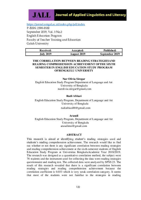 (PDF) The Correlation Between Reading Strategies and Reading Comprehension Achievement of the ...