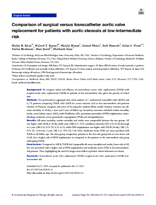 (PDF) Comparison of surgical versus transcatheter aortic valve replacement for patients with ...