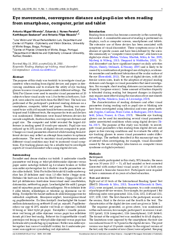 (PDF) Eye movements, convergence distance and pupil-size when reading ...