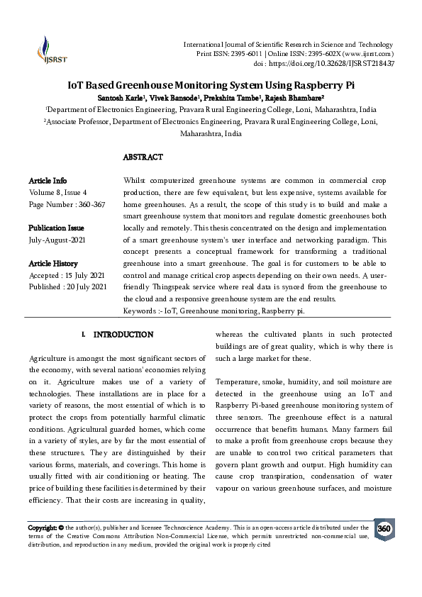 (PDF) IoT Based Greenhouse Monitoring System Using Raspberry Pi
