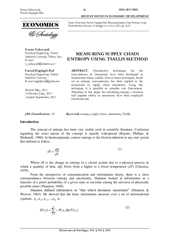 (PDF) Measuring Supply Chain Entropy Using Tsallis Method