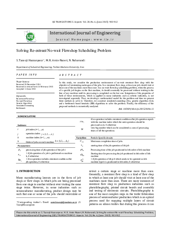 (PDF) Solving Re-entrant No-wait Flowshop Scheduling Problem