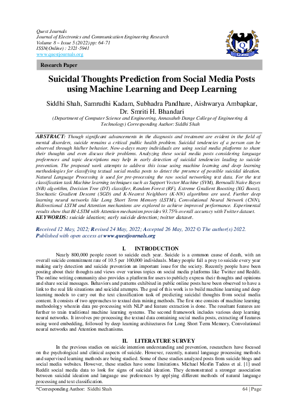 Pdf Suicidal Thoughts Prediction From Social Media Posts Using Machine Learning And Deep Learning