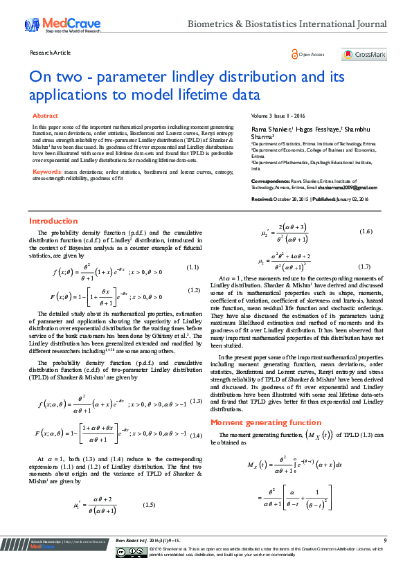 (PDF) On Two - Parameter Lindley Distribution and its Applications to Model Lifetime Data