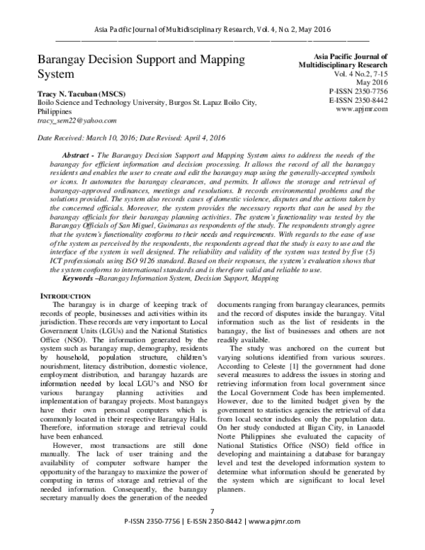 (PDF) Barangay Decision Support and Mapping System