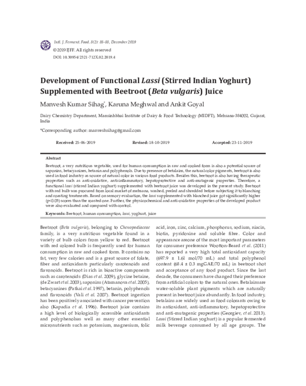 (PDF) Development of Functional Lassi (Stirred Indian Yoghurt ...
