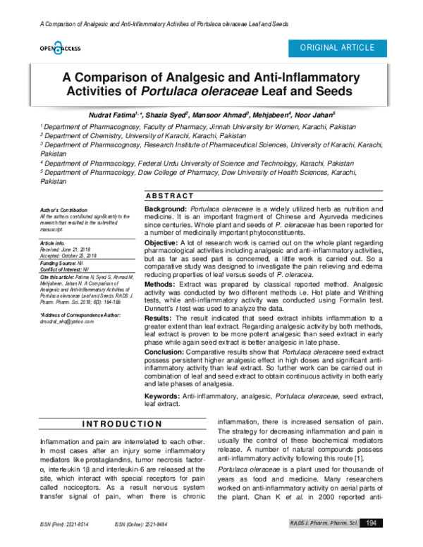Pdf A Comparison Of Analgesic And Anti Inflammatory Activities Of