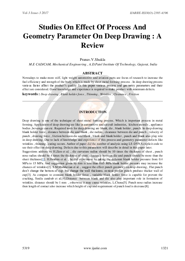 (PDF) Studies On Effect Of Process And Geometry Parameter On Deep Drawing : A Review