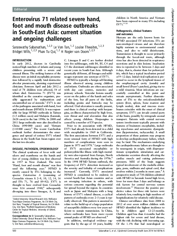 (PDF) Enterovirus 71 related severe hand, foot and mouth disease ...