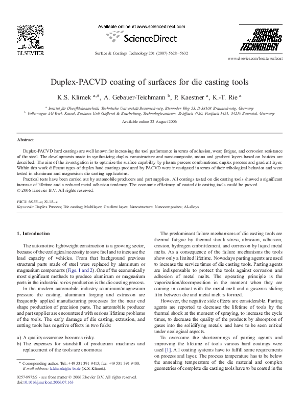 (PDF) Duplex-PACVD coating of surfaces for die casting tools