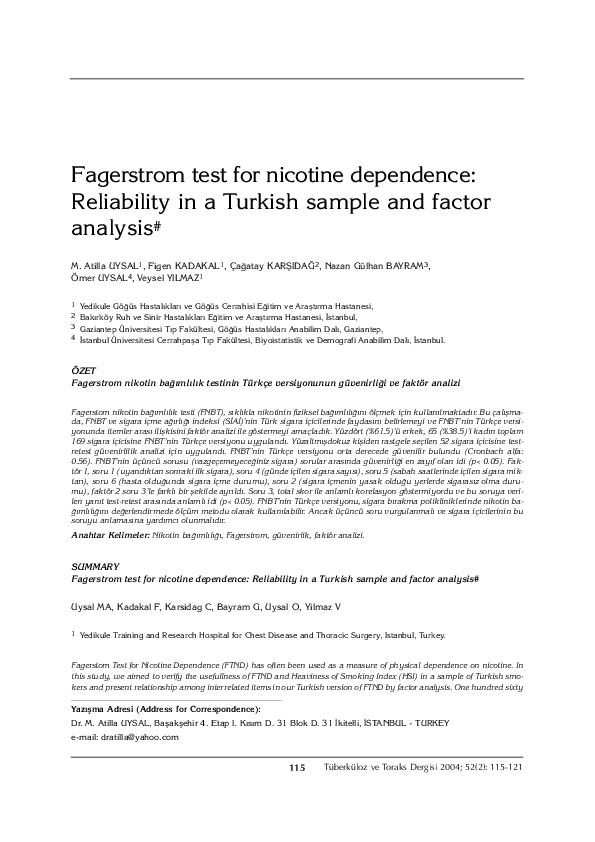 (PDF) Fagerstrom test for nicotine dependence: reliability in a Turkish ...