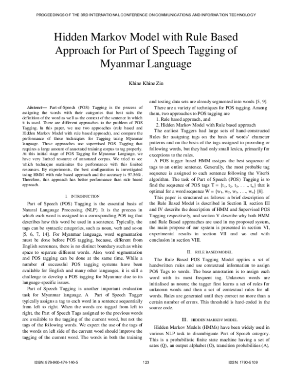 (PDF) Hidden Markov model with rule based approach for part of speech tagging of Myanmar language