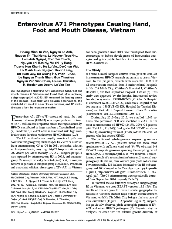(PDF) Enterovirus A71 Phenotypes Causing Hand, Foot and Mouth Disease ...
