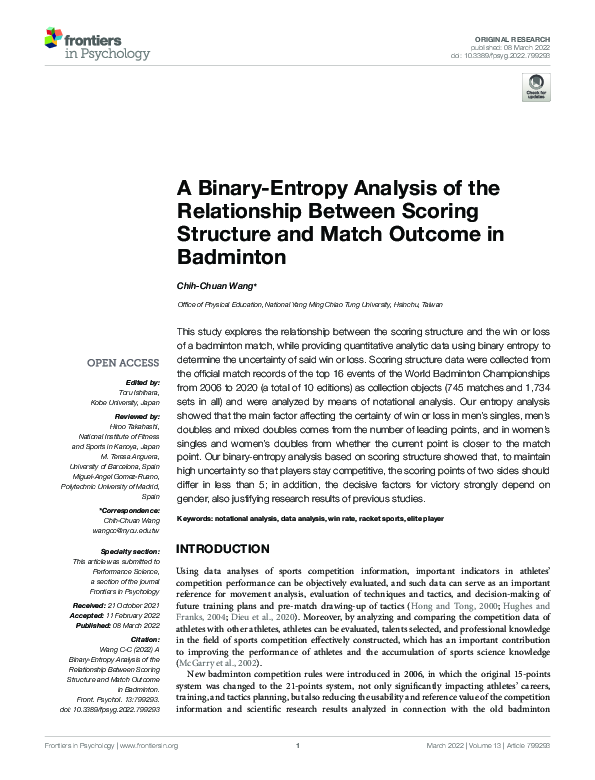 Pdf A Binary Entropy Analysis Of The Relationship Between Scoring Structure And Match Outcome