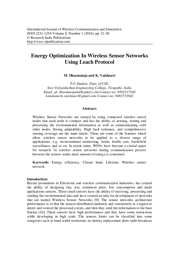(PDF) Energy Optimization In Wireless Sensor Networks Using Leach Protocol