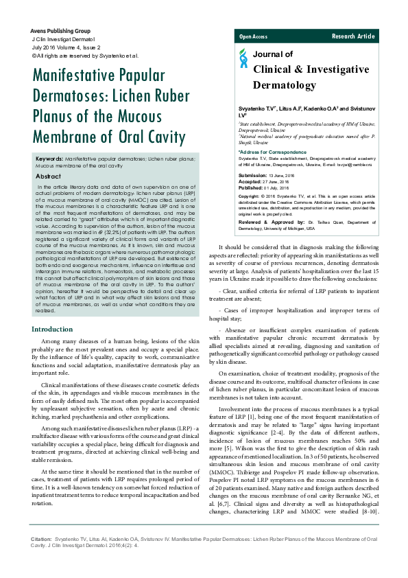 (PDF) Manifestative Papular Dermatoses: Lichen Ruber Planus of the ...