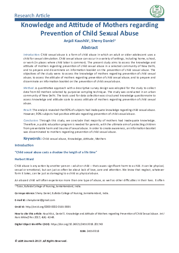 (PDF) Knowledge and Attitude of Mothers regarding Prevention of Child Sexual Abuse | Anjali ...