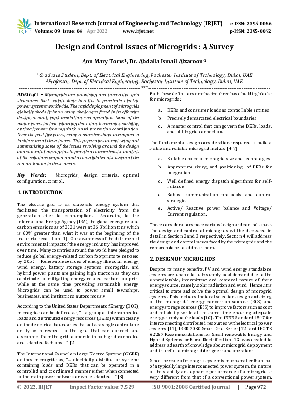 (PDF) Design and Control Issues of Microgrids : A Survey