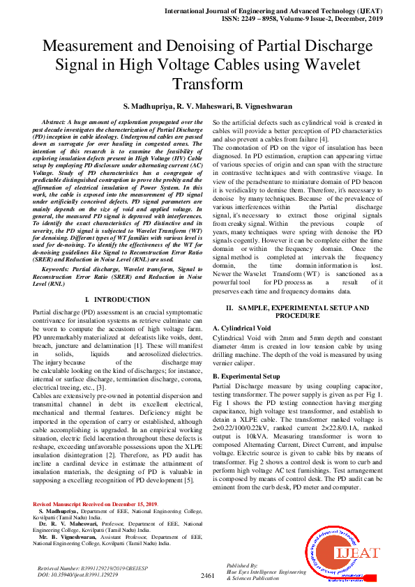 Pdf Measurement And Denoising Of Partial Discharge Signal In High Voltage Cables Using Wavelet