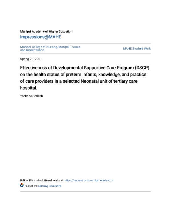 (PDF) Effectiveness of Developmental Supportive Care Program (DSCP) on the health status of ...