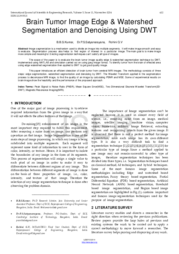 (PDF) Brain Tumor Image Edge & Watershed Segmentation and Denoising Using DWT