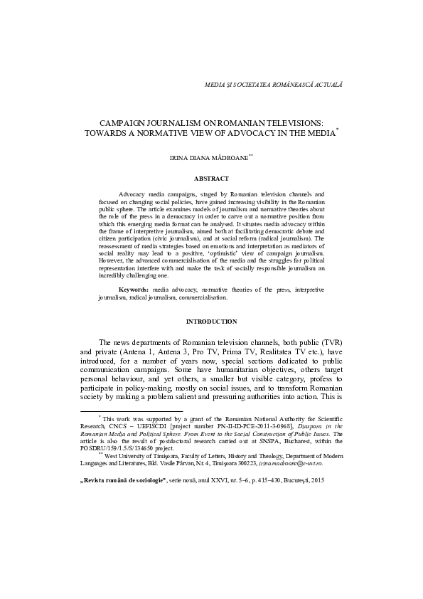 (PDF) Campaign Journalism on Romanian Televisions: Towards a Normative ...
