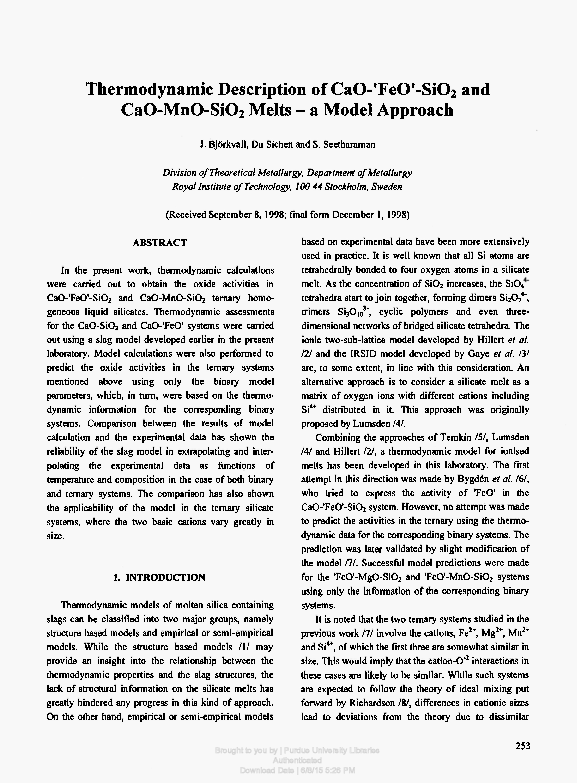 (PDF) Thermodynamic Description of CaO-'FeO'-SiO2 and CaO-MnO-SiO2 Melts - a Model Approach