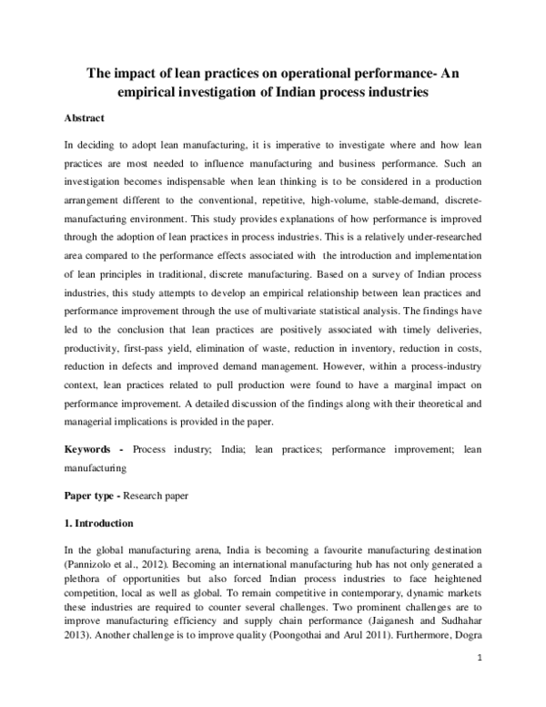 (PDF) The impact of lean practices on operational performance – an empirical investigation of ...