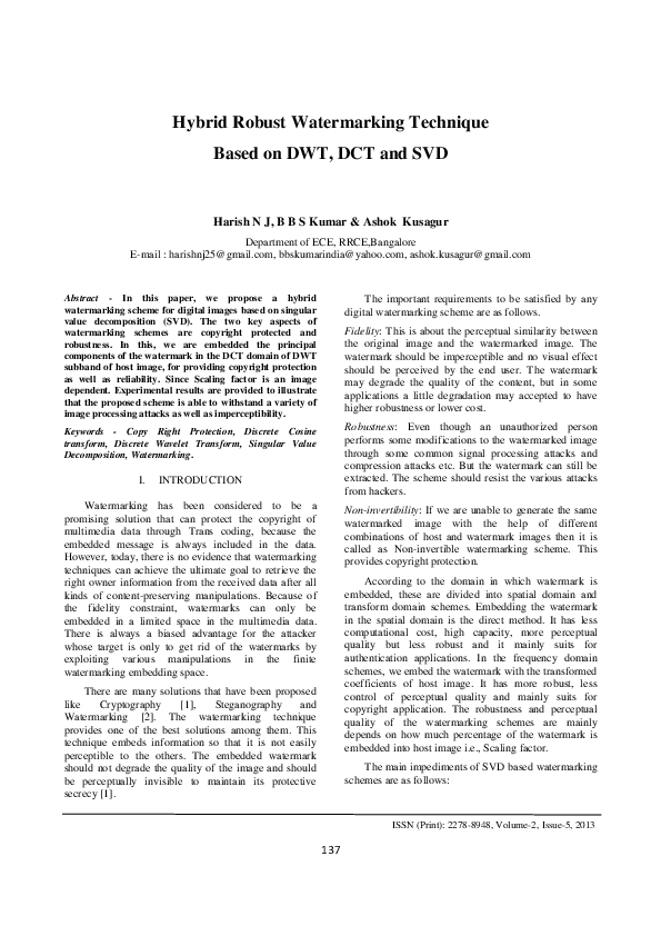 Pdf Hybrid Robust Watermarking Technique Based On Dwt Dct And Svd