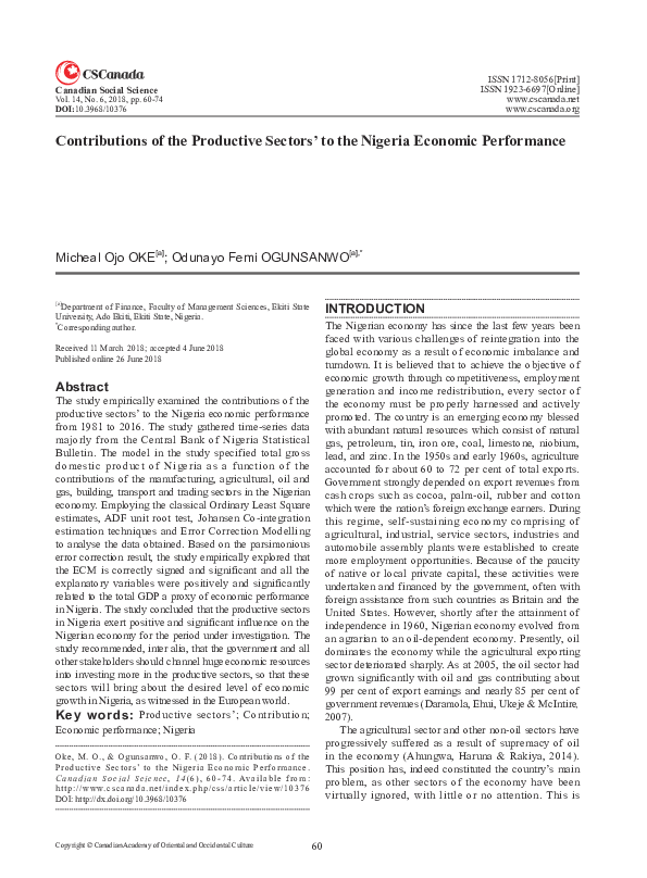 (PDF) Contributions of the Productive Sectors’ to the Nigeria Economic ...