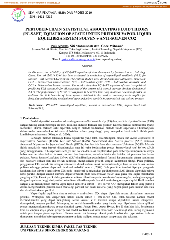 (PDF) Pertubed-Chain Statistical Associating Fluid Theory (PC-Saft) Equation of State Untuk ...