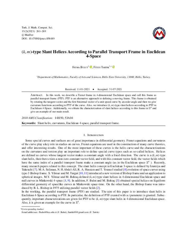 (PDF) (k,m)-type Slant Helices According to Parallel Transport Frame in ...