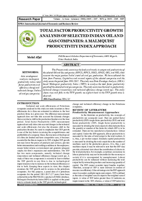 (PDF) TOTAL FACTOR PRODUCTIVITY GROWTH ANALYSIS OF SELECTED INDIAN OIL AND GAS COMPANIES: A ...