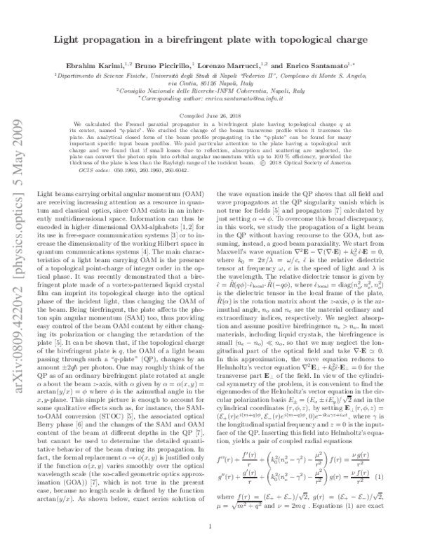 (PDF) Light propagation in a birefringent plate with topological charge