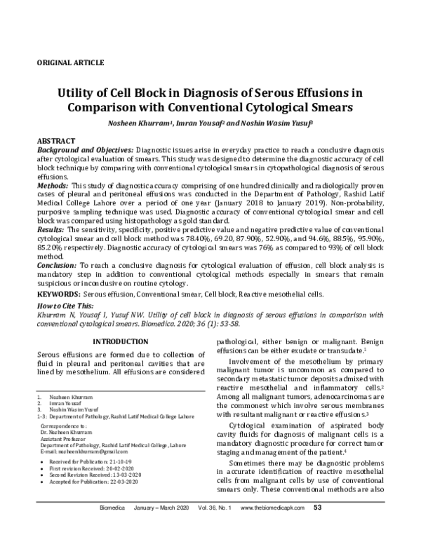 (PDF) Utility of Cell Block in Diagnosis of Serous Effusions in Comparison with Conventional ...