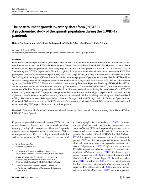 (PDF) The posttraumatic growth inventory-short form (PTGI-SF): A ...