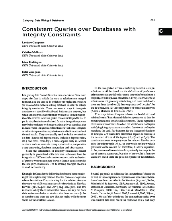 (PDF) Consistent Queries over Databases with Integrity Constraints
