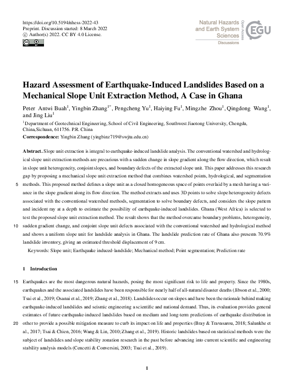 (PDF) Hazard Assessment of Earthquake-Induced Landslides Based on a ...